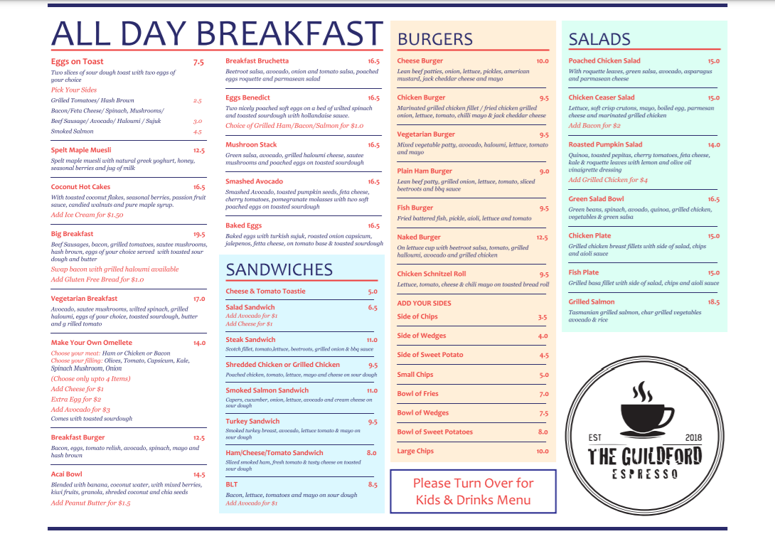 Menu - The Guildford Espresso | TG Espresso